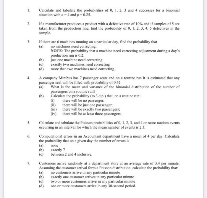 Solved 1. Calculate and tabulate the probabilities of | Chegg.com