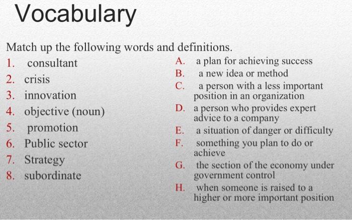 Solved Vocabulary Match up the following words and | Chegg.com