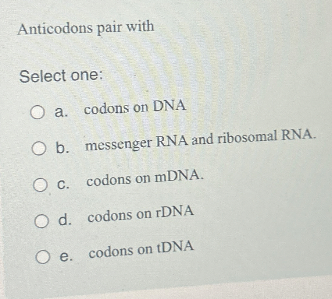 Solved Anticodons pair withSelect one:a. ﻿codons on DNAb. | Chegg.com