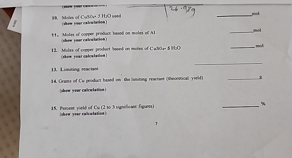 Moles of CuSO4*5H2O ﻿used (show your | Chegg.com