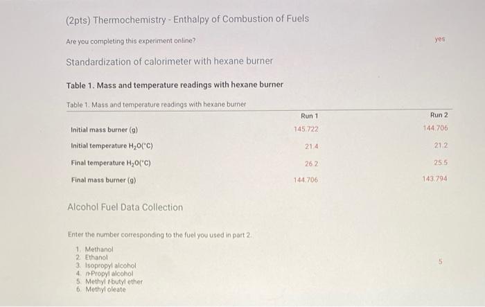 Solved (2pts) Thermochemistry - Enthalpy of Combustion of | Chegg.com