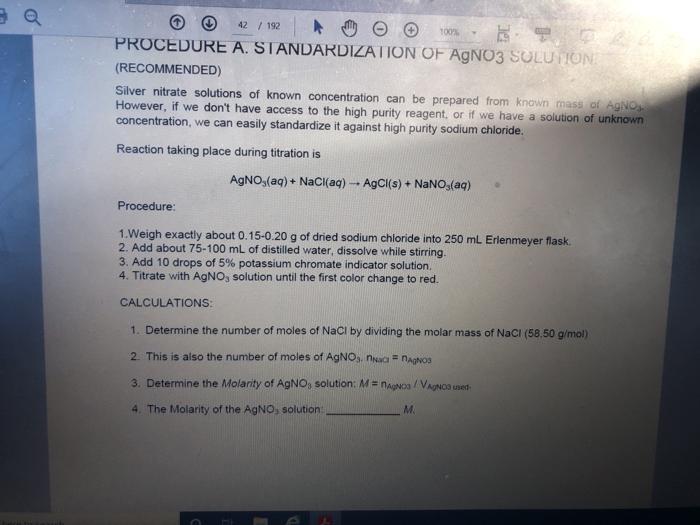 Solved 42 / 192 100 PROCEDURE A STANDARDIZATION OF AgNO3 | Chegg.com