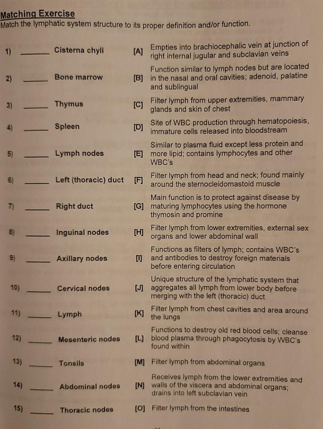 Solved Matching Exercise Match the lymphatic system | Chegg.com
