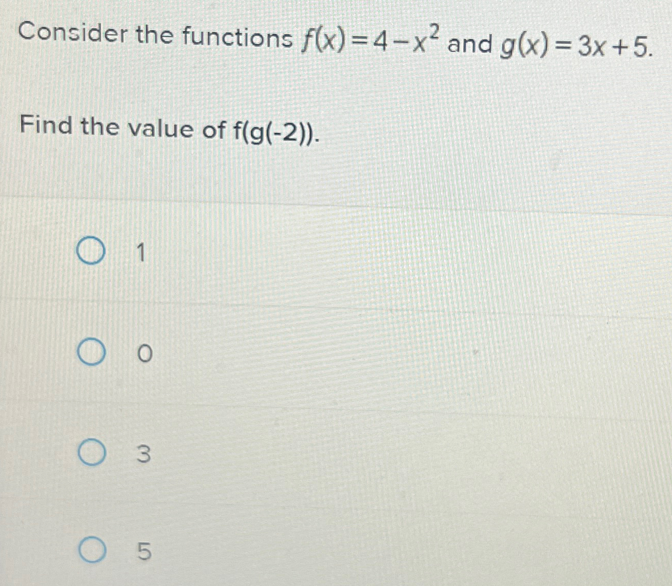 Solved Consider the functions f(x)=4-x2 ﻿and g(x)=3x+5Find | Chegg.com