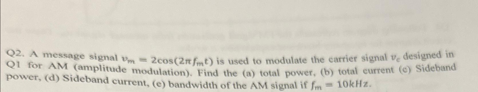 Solved Q2. ﻿A message signal vm=2cos(2πfmt) ﻿is used to | Chegg.com