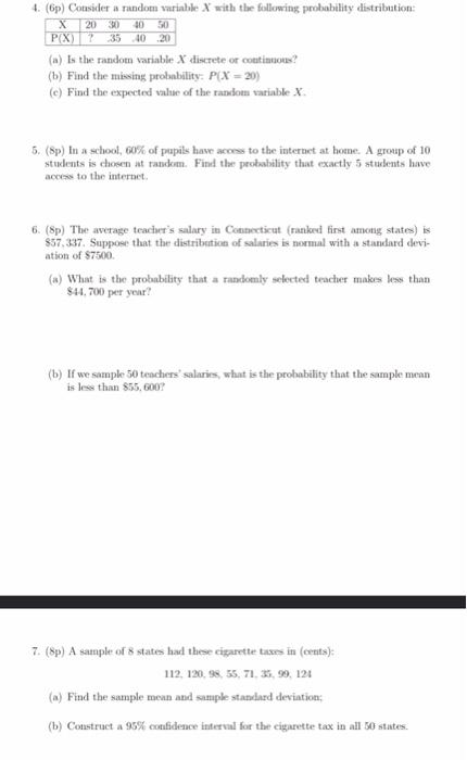 Solved 4. (6p) Cousider a randotn sariable X with the | Chegg.com