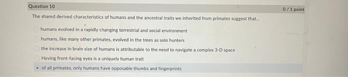 Solved The shared derived characteristics of humans and the | Chegg.com