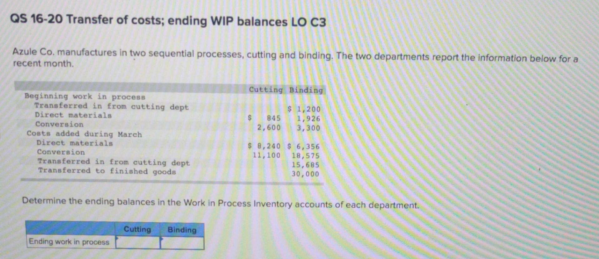 Solved QS 16-20 Transfer of costs; ending WIP balances LO C3 | Chegg.com