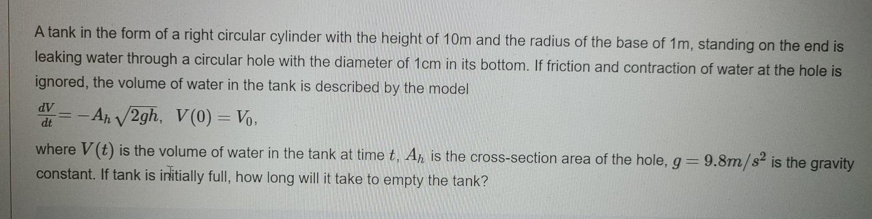 Solved A tank in the form of a right circular cylinder with | Chegg.com