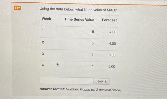 Solved Using the data below, what is the value of MAD? | Chegg.com