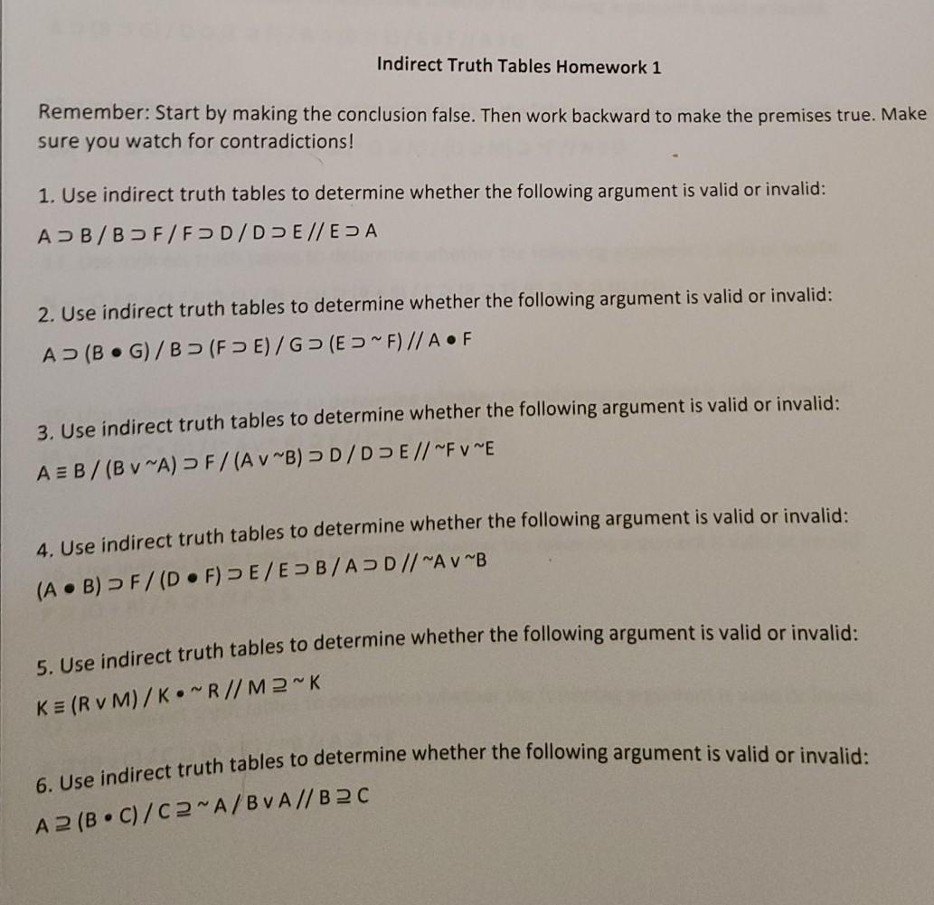 Solved Indirect Truth Tables Homework 1 Remember: Start by | Chegg.com