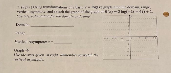 Solved 2. (8 pts.) Using transformations of a basic y=log(x) | Chegg.com