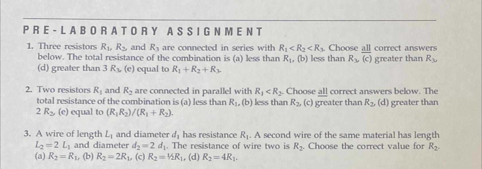 Solved PRE - ﻿LABORATORY AS SIGNMENTThree resistors R1,R2 | Chegg.com