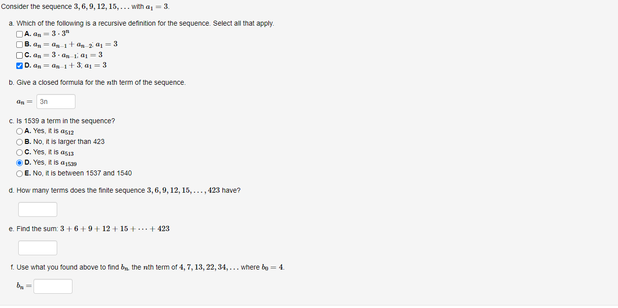 Solved Consider the sequence 3,6,9,12,15,dots with a1=3.a. | Chegg.com