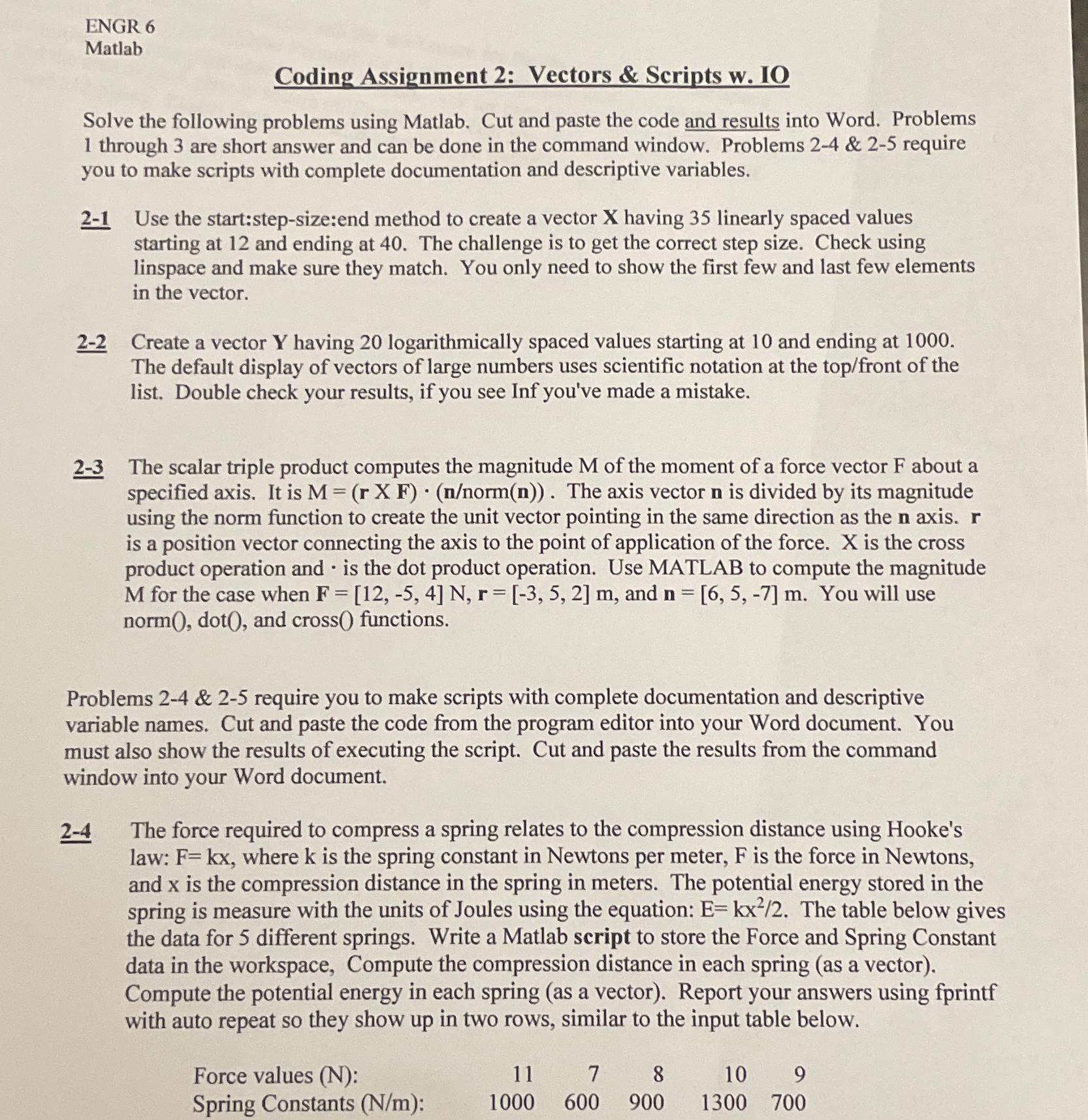 Solved Engr 6matlabcoding Assignment 2 Vectors And Scripts W