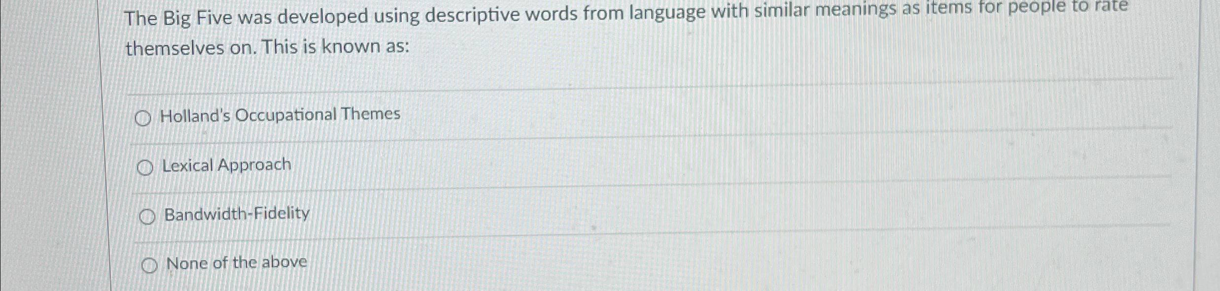 Solved The Big Five was developed using descriptive words | Chegg.com