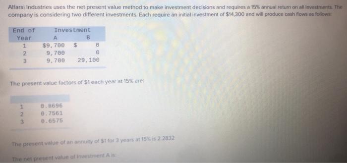 Solved Alfarsi Industries uses the net present value method | Chegg.com