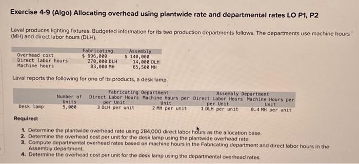 Solved Exercise 4-9 (Algo) Allocating overhead using | Chegg.com