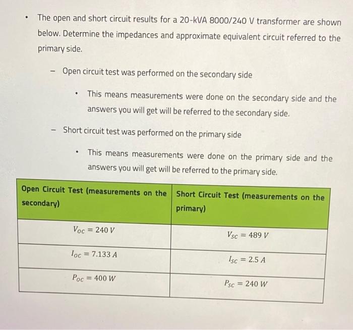 Solved . The open and short circuit results for a 20-KVA | Chegg.com