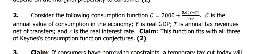 Solved Consider the following consumption function | Chegg.com
