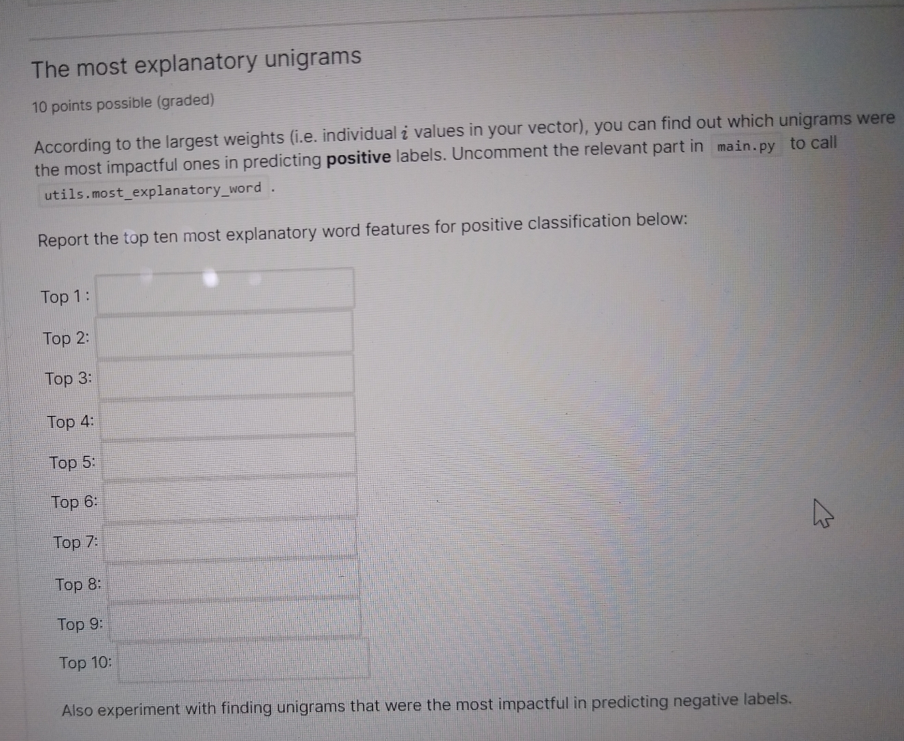 Solved The most explanatory unigrams10 ﻿points possible | Chegg.com