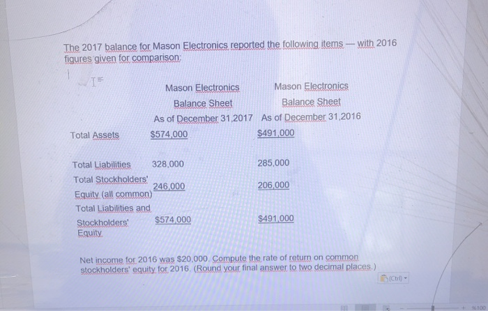 Solved The 2017 balance for Mason Electronics reported the | Chegg.com