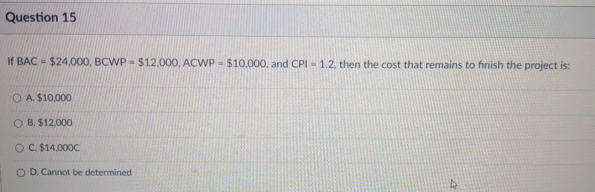 Solved Question 15 If BAC = $24,000, BCWP = $12,000. ACWP = | Chegg.com