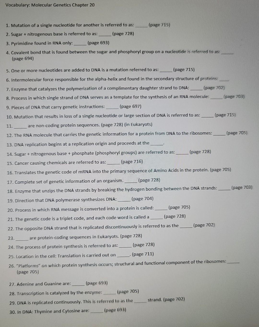Solved Vocabulary: Molecular Genetics Chapter 20 1. Mutation | Chegg.com