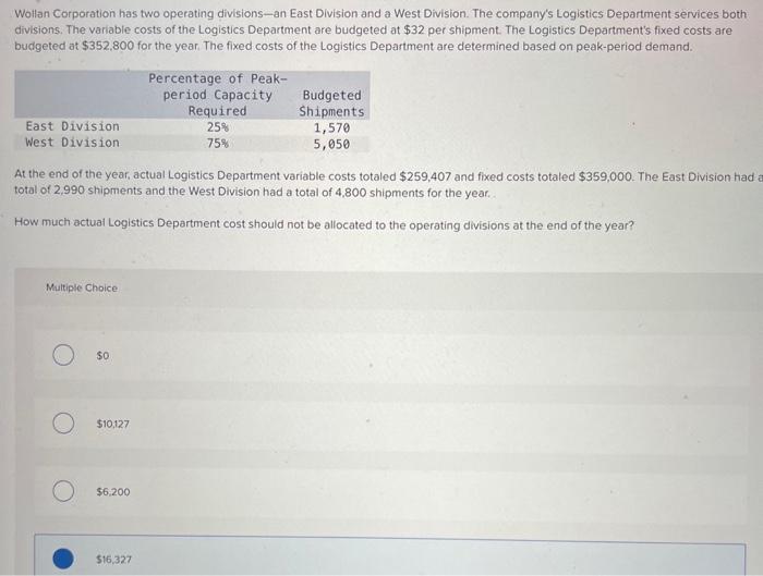 Solved Wollan Corporation has two operating divisions-an | Chegg.com