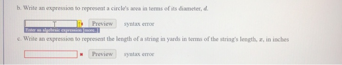 Solved b. Write an expression to represent a circle's area | Chegg.com