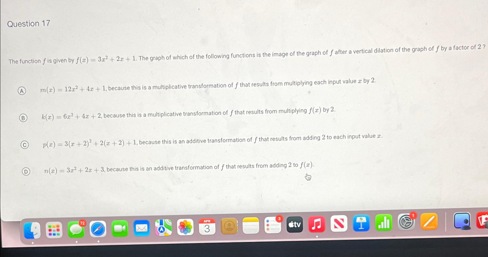 Solved Question 17The function f ﻿is given by f(x)=3x2+2x+1. | Chegg.com