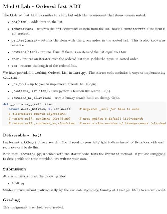 Mod 6 Lab - Ordered List ADT The Ordered List ADT is | Chegg.com