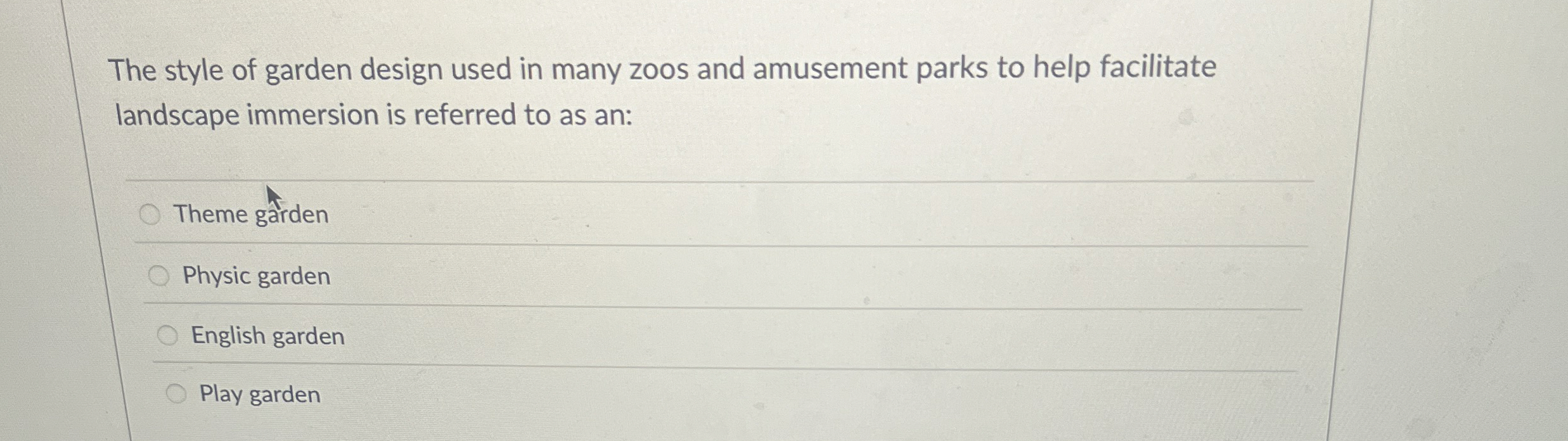 Solved The style of garden design used in many zoos and | Chegg.com
