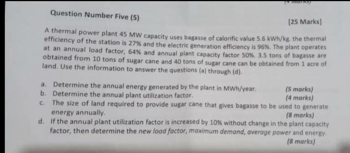 Solved Question Number Five (5) [25 Marks] A thermal power | Chegg.com