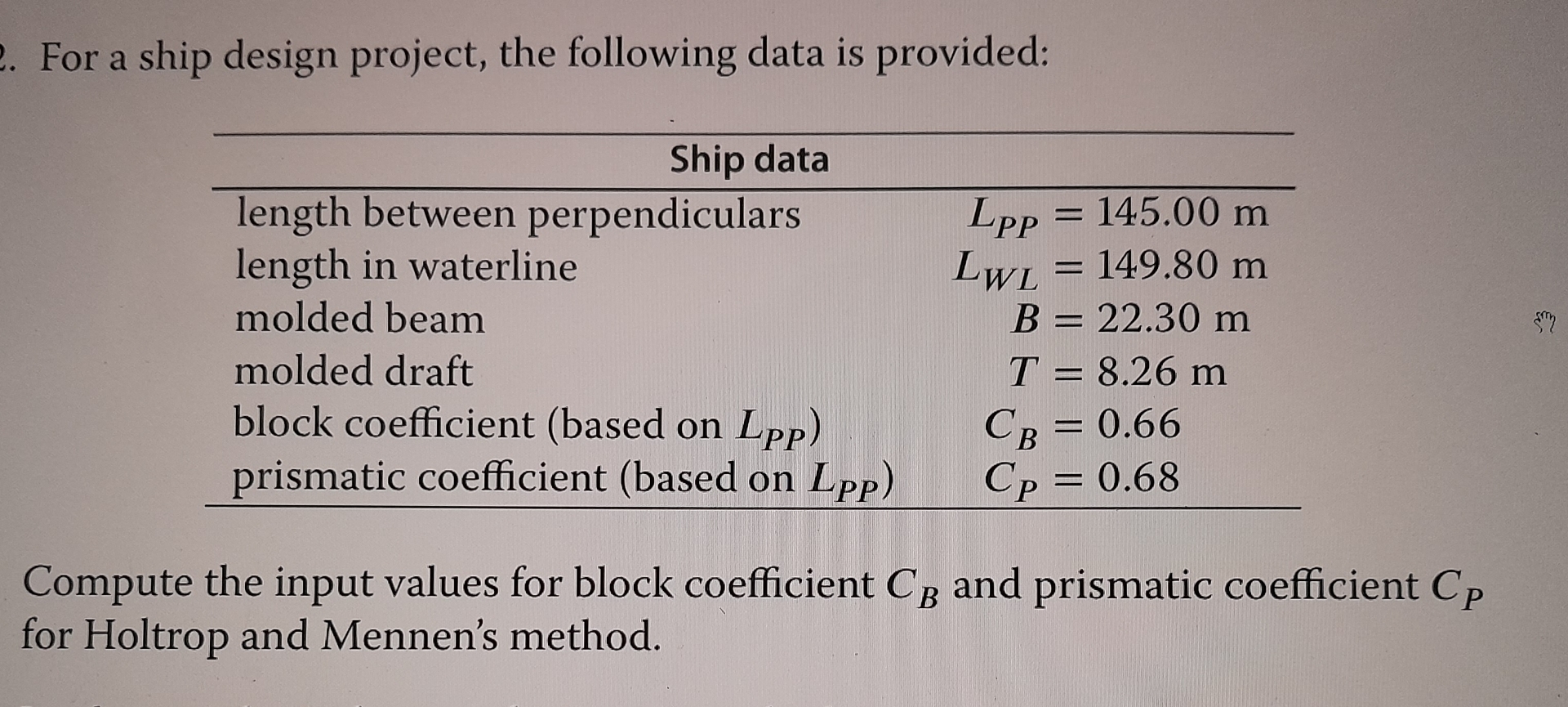 Solved For a ship design project, the following data is | Chegg.com