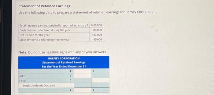 Solved Statement of Retained Earnings Use the following data | Chegg.com