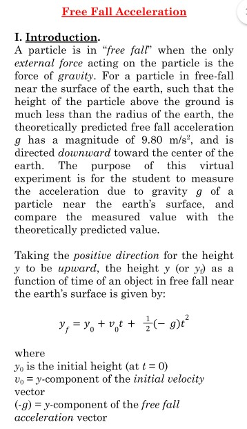 Solved Free Fall Acceleration I. Introduction. A particle is | Chegg.com