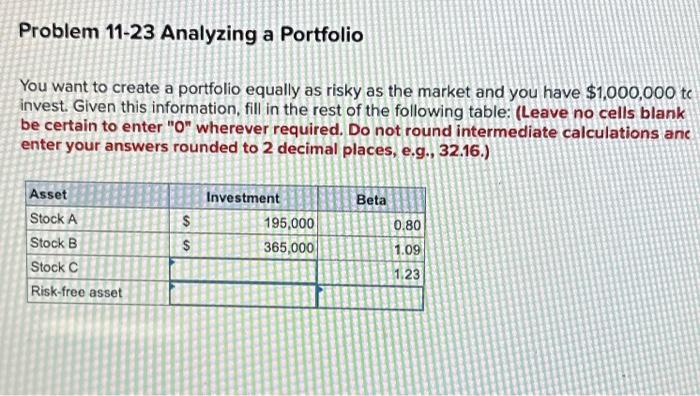 Solved Problem 11-23 Analyzing a Portfolio You want to | Chegg.com