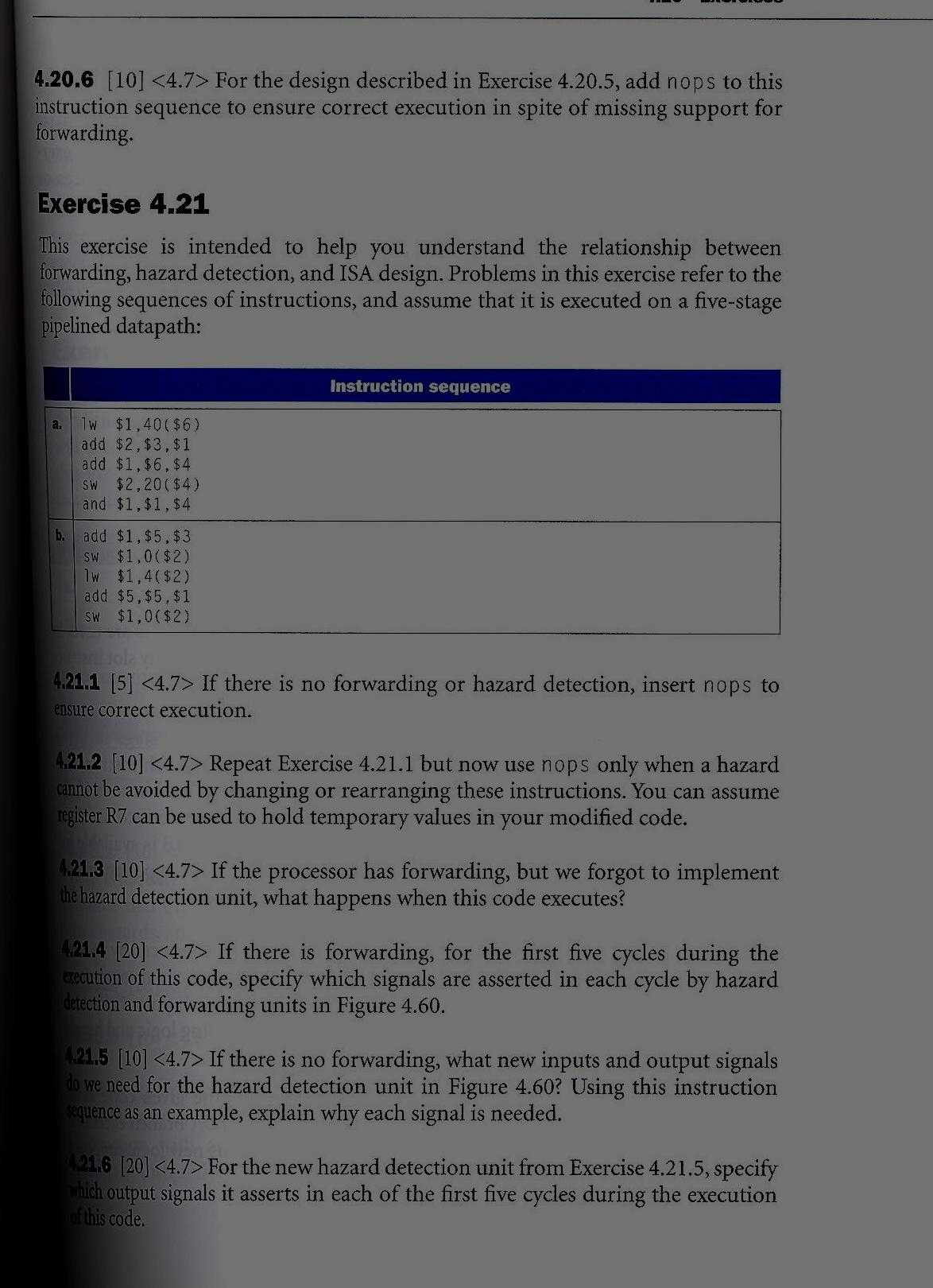For the design described in Exercise 4.20.5, add nops | Chegg.com