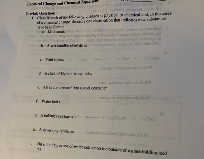 Solved Chemical Change and Pre-lab Questions: 1. Classify | Chegg.com