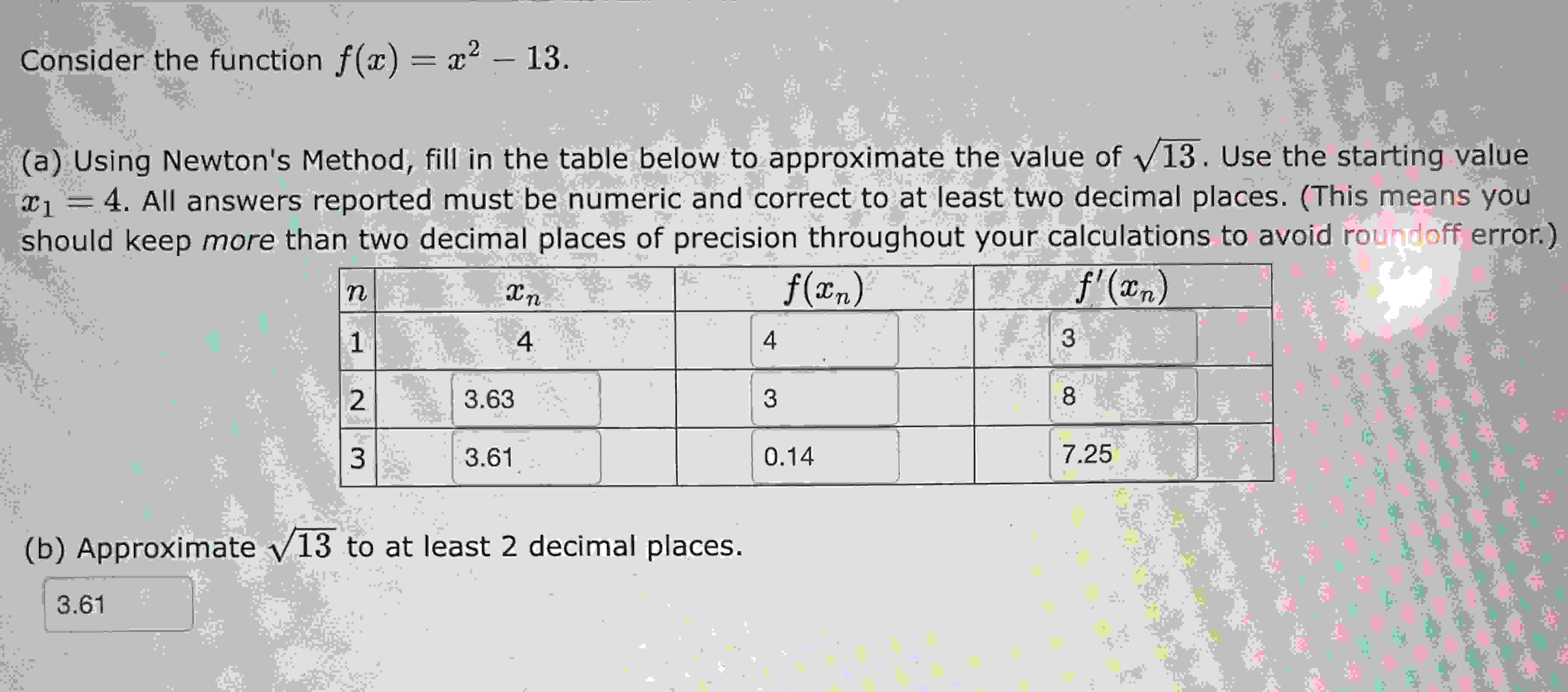 Solved Consider the function f(x)=x2-13.(a) ﻿Using Newton's | Chegg.com