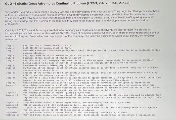 GL 2-16 (Static) Great Adventures Continuing Problem | Chegg.com