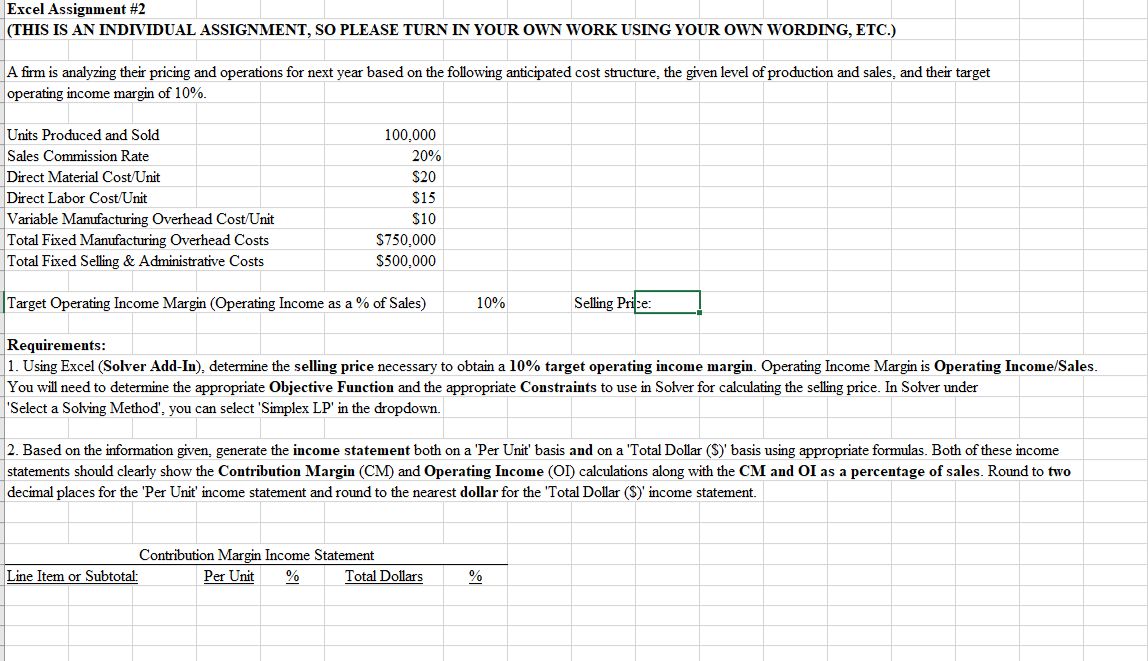 Solved Excel Assignment #2(THIS IS AN INDIVIDUAL ASSIGNMENT, | Chegg.com