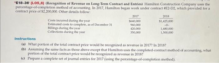 Solved "E18-36' (LO5,6) (Recognition of Revenue on Long-Term | Chegg.com