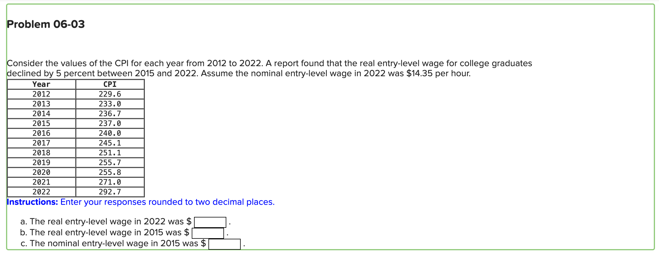Solved Problem 06-03Consider the values of the CPI for each | Chegg.com
