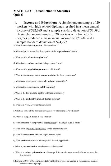 Solved MATH 1342 - Introduction to Statistics Quiz 5 1. | Chegg.com