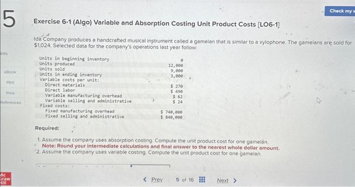 Solved Exercise 6-1 (Algo) Variable and Absorption Costing | Chegg.com