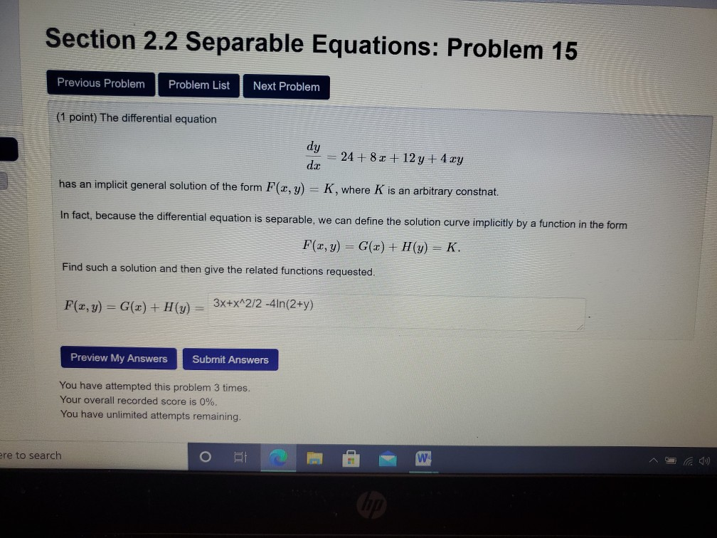 Solved Section 2 2 Separable Equations Problem 15 Previous
