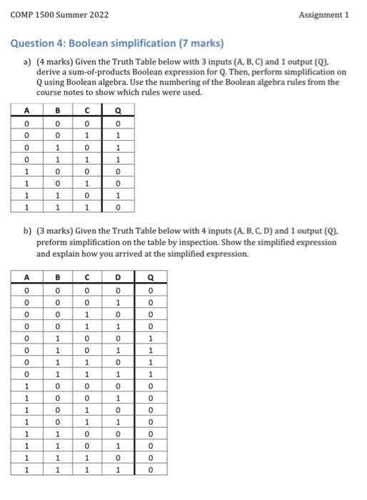 Solved COMP 1500 Summer 2022 Question 4: Boolean | Chegg.com