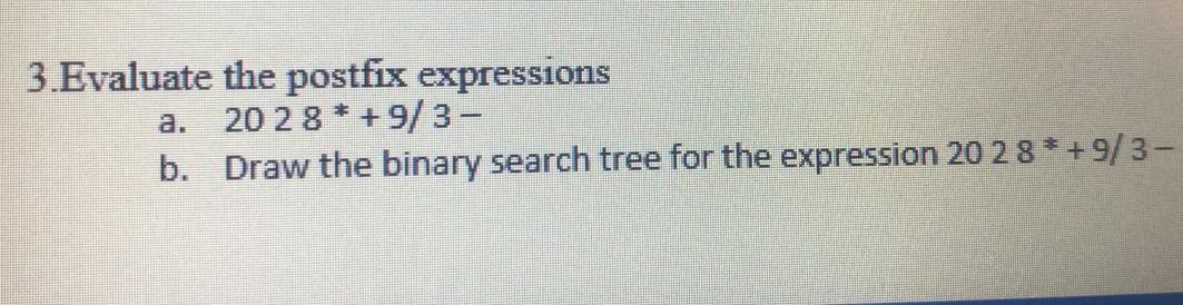 Solved 3.Evaluate the postfix expressions 20 28* +9/3- b. | Chegg.com